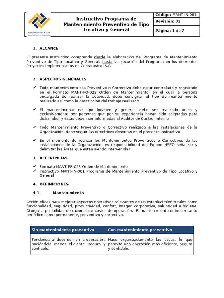 MANT IN 001 Programa Mantenimiento Preventivo Locativo General | PDF