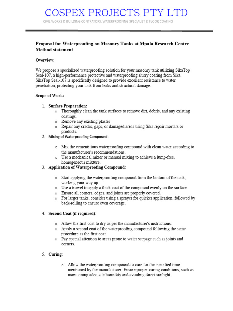 Propoosal Method Statement For Waterproofing Masonary Tanks | PDF
