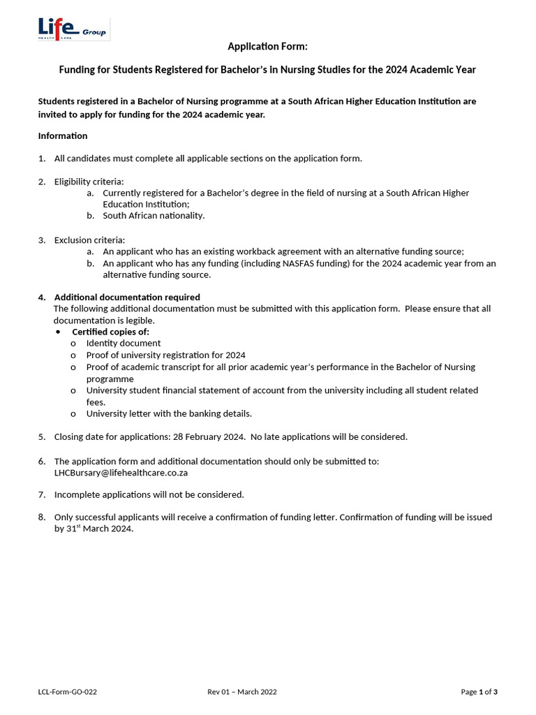 Life Healthcare Bursary Application Form 2024 | PDF