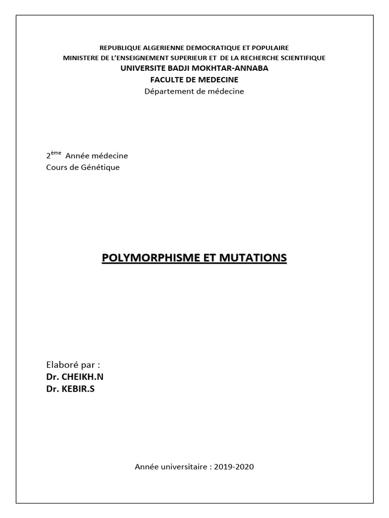 Genetique2an23 Polymorphisme Mutations Cheikh | PDF