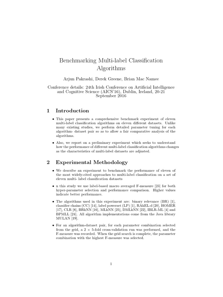 Benchmarking Multi Label Classification Algorithms | PDF