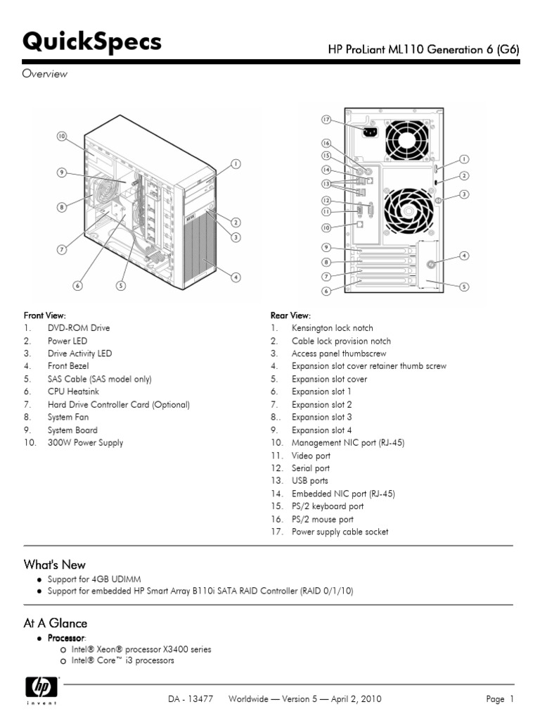 QuickSpecs HP Proliant ML110 G6 | PDF