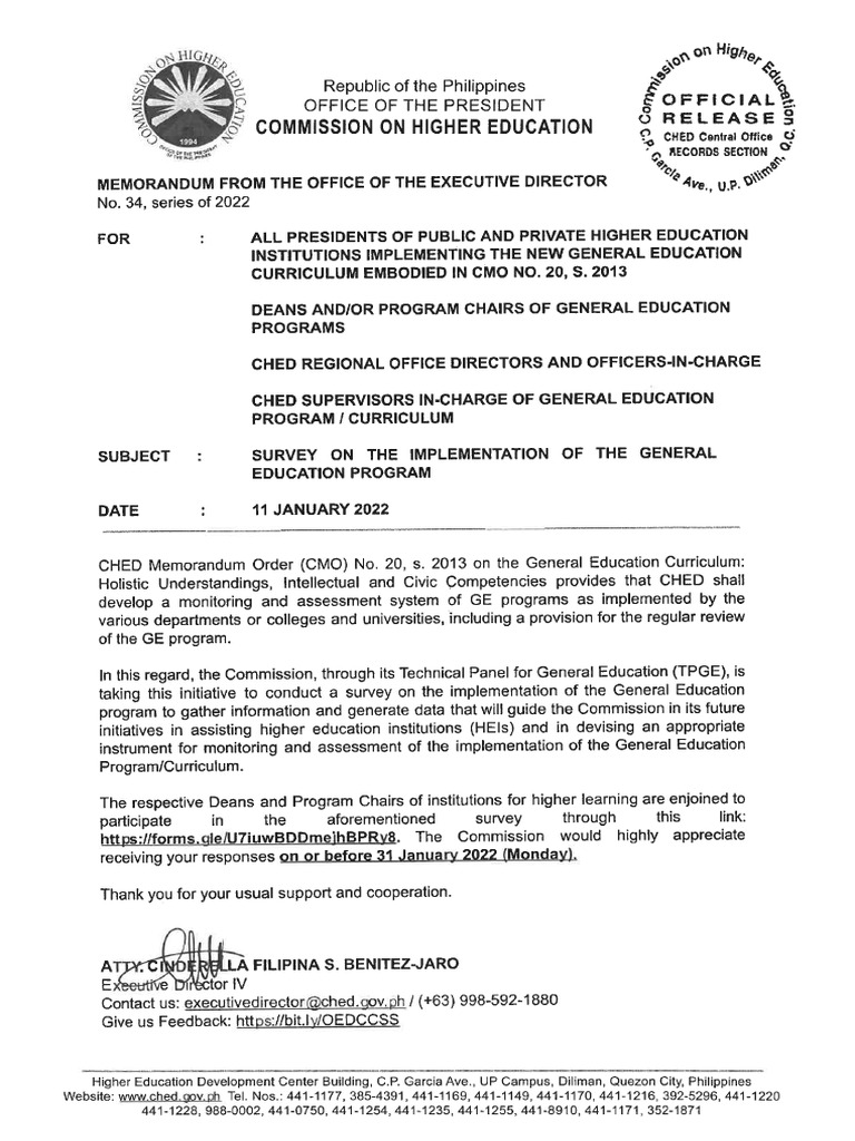 Memo No. 34 S. 2022 Survey On The Implementation of GE Program | PDF