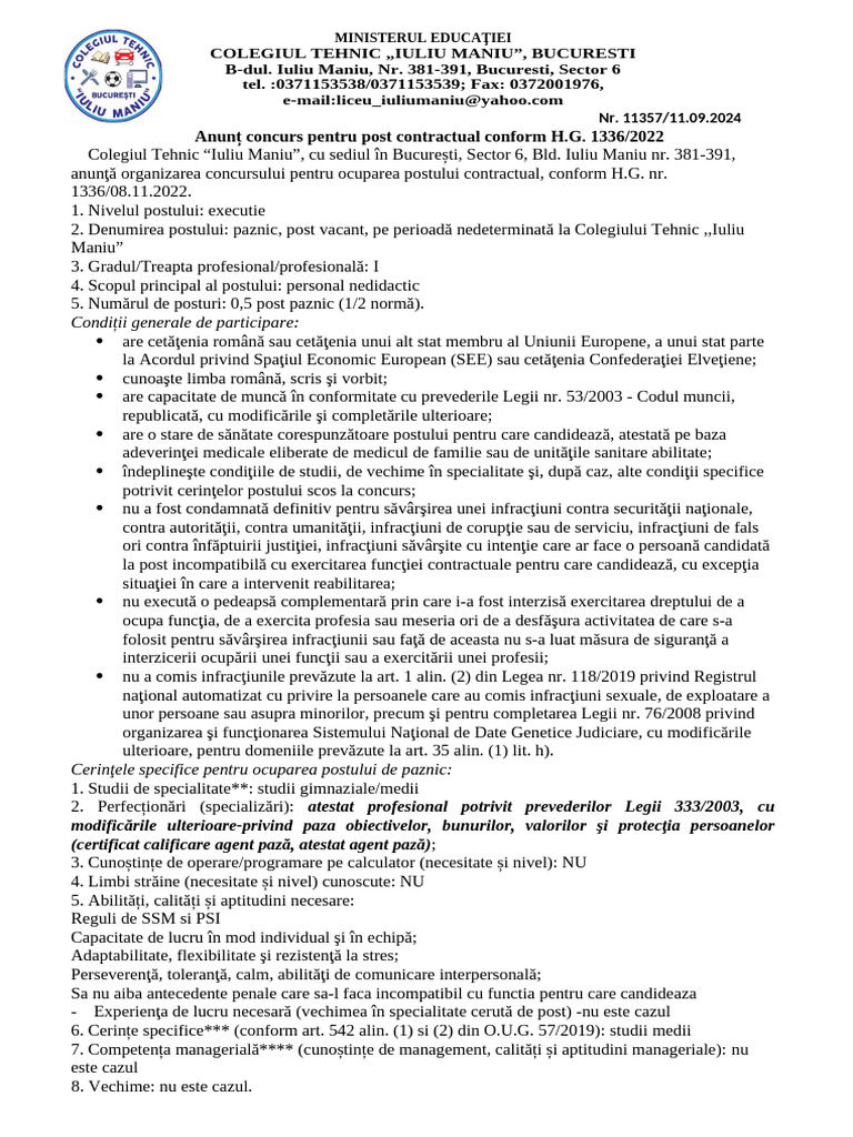 Anunț Concurs Pentru Post Contractual Conform H.G. 1336/2022 | PDF