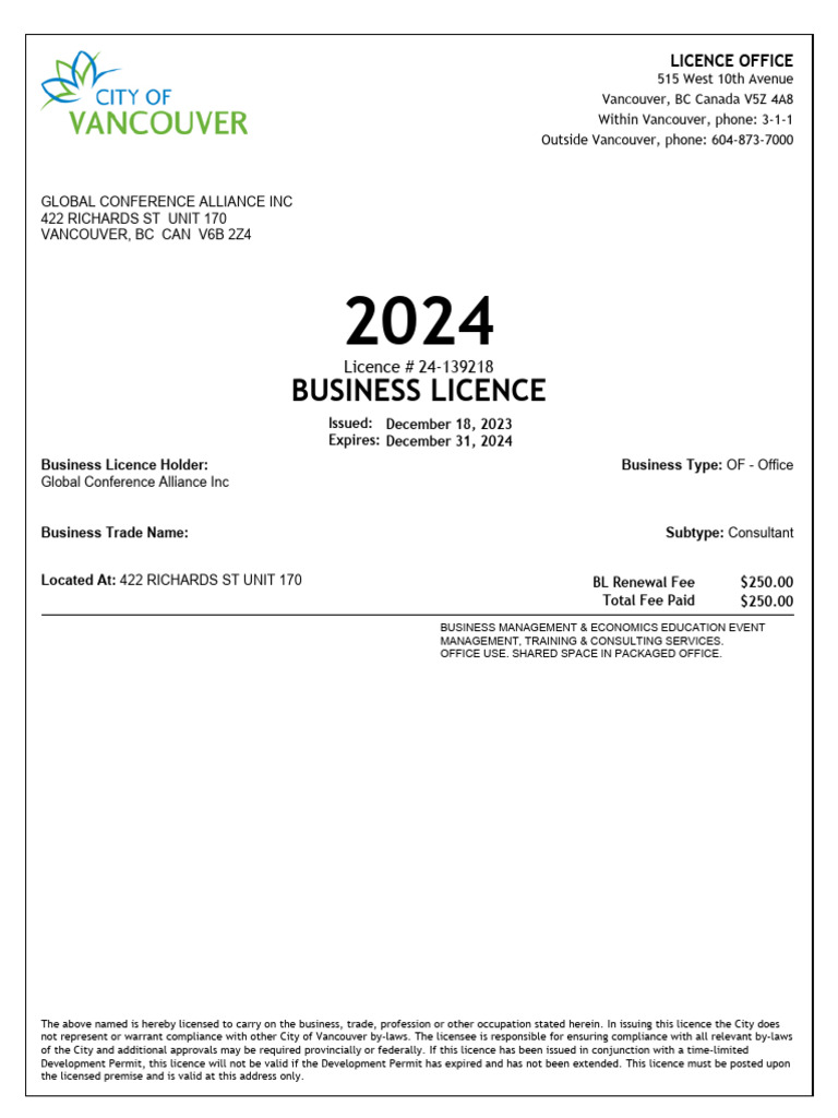 Global Conference Alliance Inc. - Business License 2024 | PDF | License