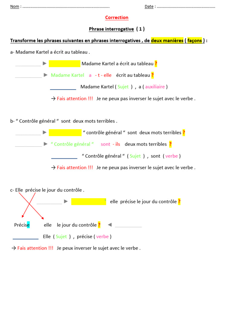 Correction Exercice 1 Sur La Phrase Interrogative | PDF