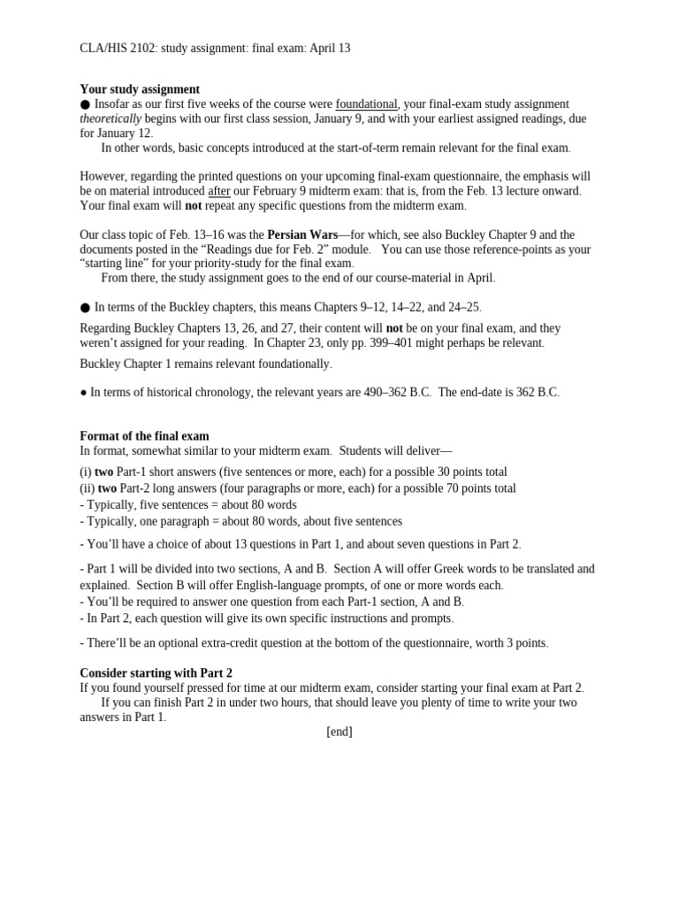 Study Assignment For Final Exam - cla-HIS 2102 | PDF