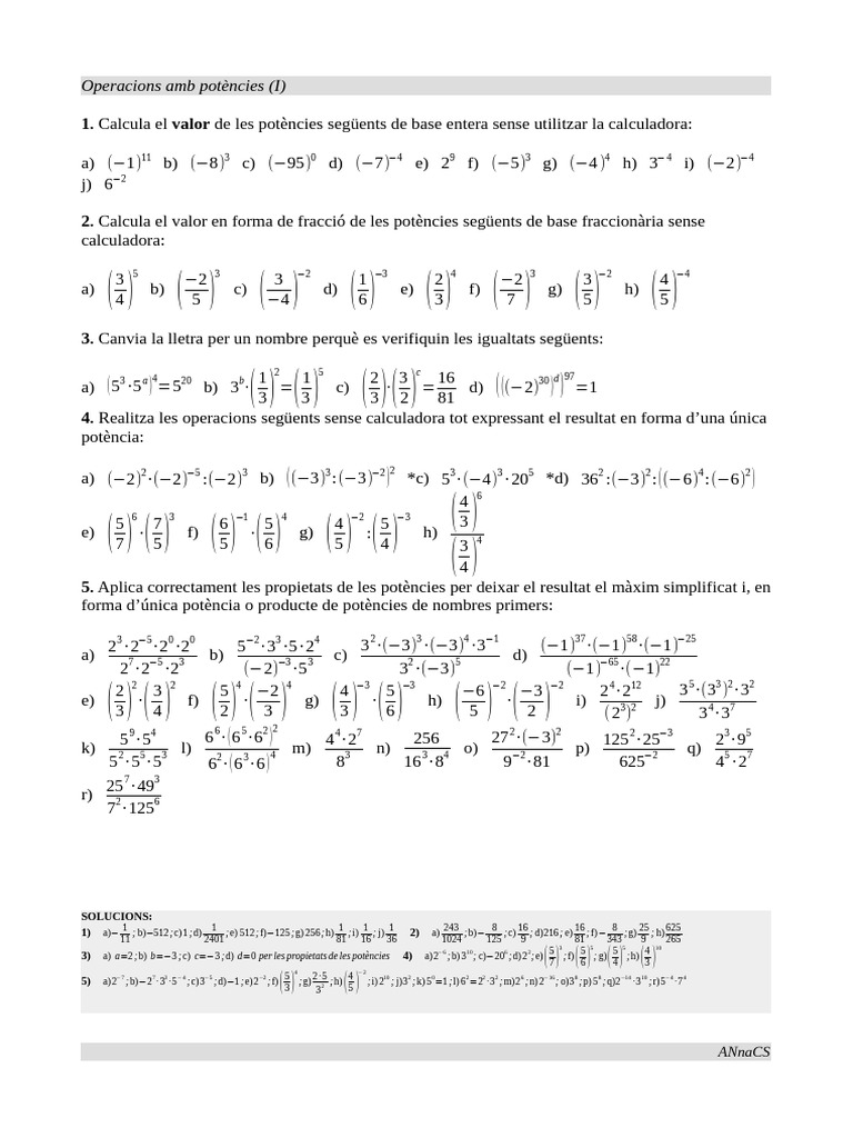 Exercicis D'operacions Amb Potències Amb Solucions | PDF