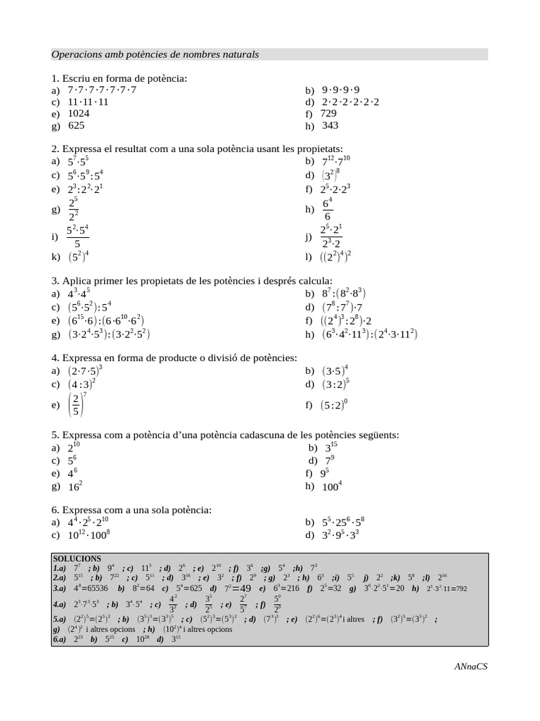 Exercicis D'operacions Amb Potències Amb Solucions | PDF