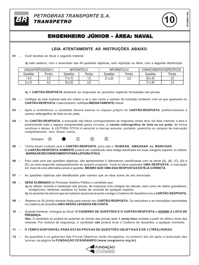 Engenheiro Júnior - Naval - TRANSPETRO - 2008 - CESGRANRIO | PDF