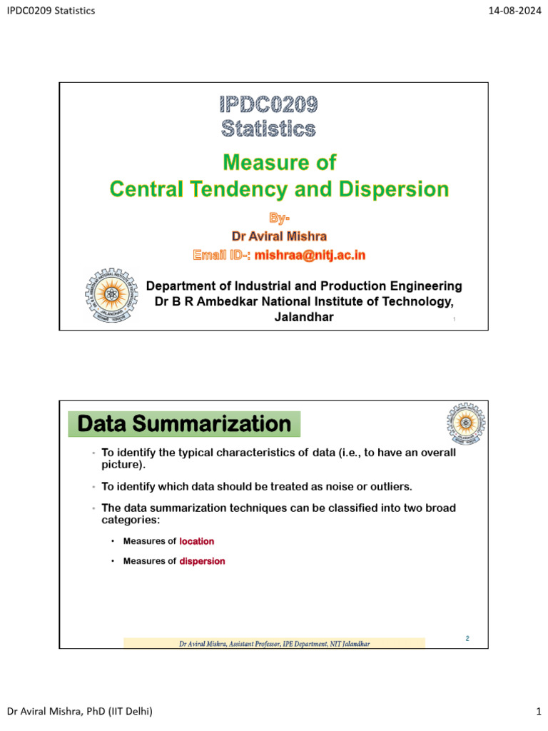 Measure of Central Tendency and Dispersion L3 | PDF