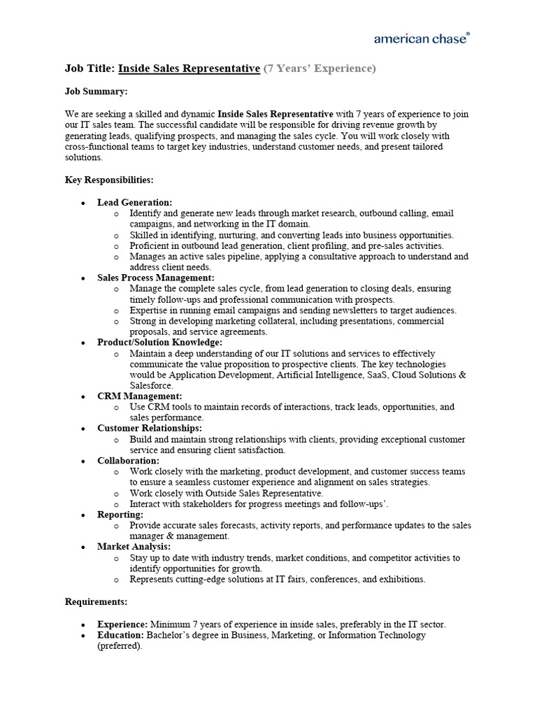Job Description - Inside Sales Representative | PDF | Sales | Customer Relationship Management