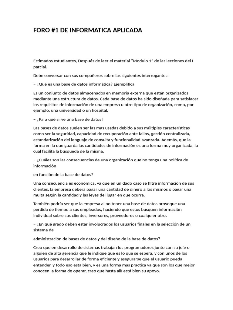 FORO 1 Informatica Aplicada | PDF | Bases de datos | Informática