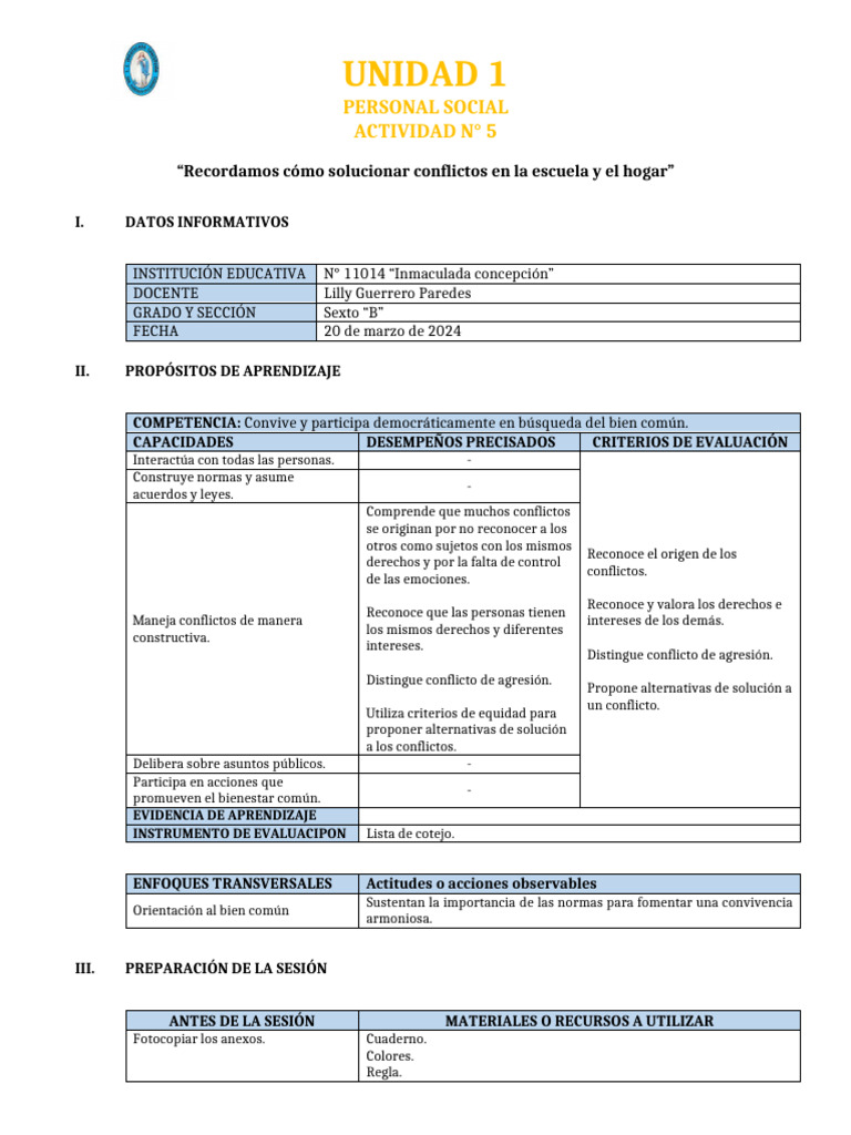 Plantilla - Sesión 5 - U1 - Recordamos cómo solucionar conflictos en la escuela y el hogar | PDF