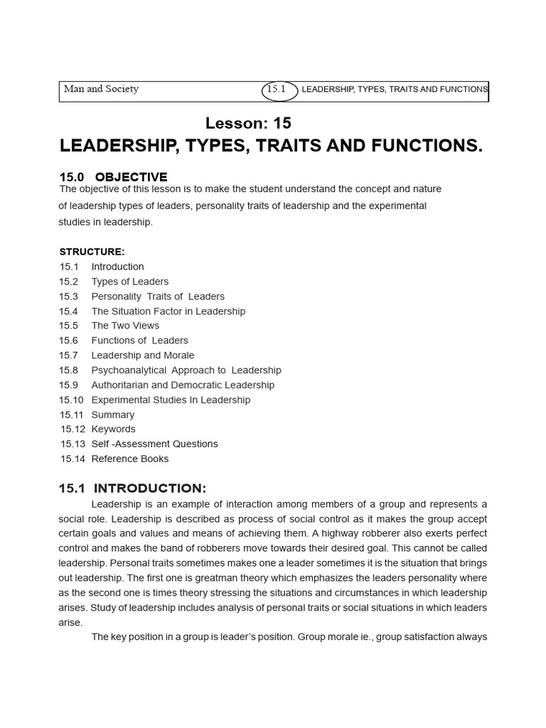 Textual Notes - Leadership - Types, Traits and Functions | PDF ...
