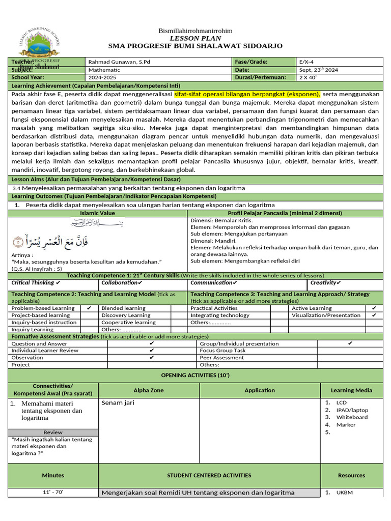 Sma Progresif Bumi Shalawat Sidoarjo: Lesson Plan | PDF
