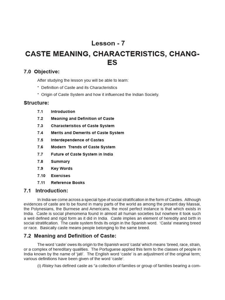 Textual Notes - Caste - Meaning, Characteristics, Changes | PDF | Caste ...