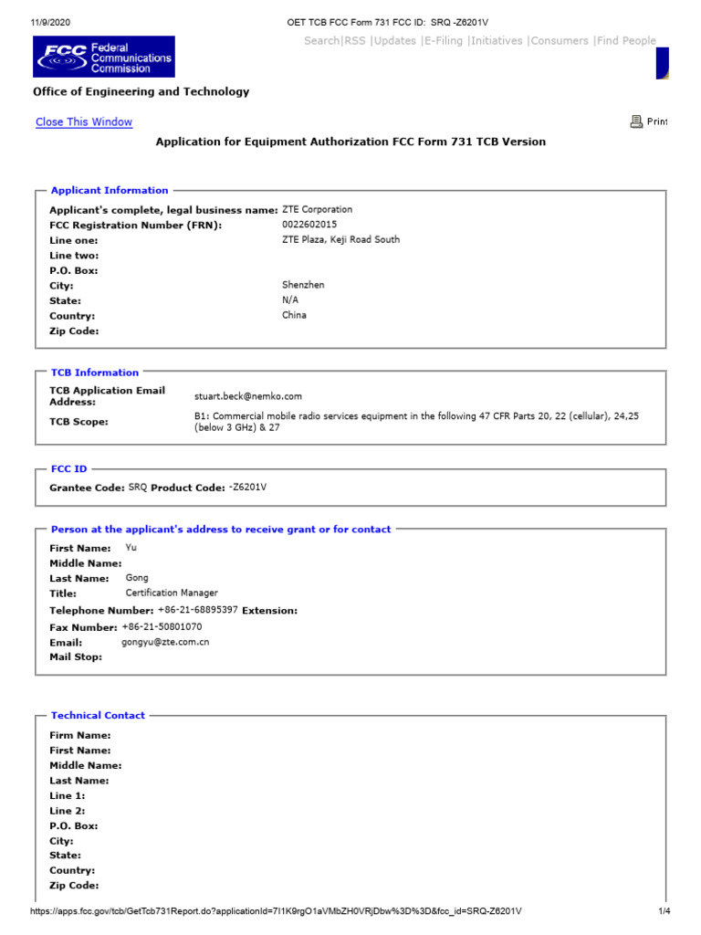 OET TCB FCC Form 731 FCC ID - SRQ - Z6201V | PDF