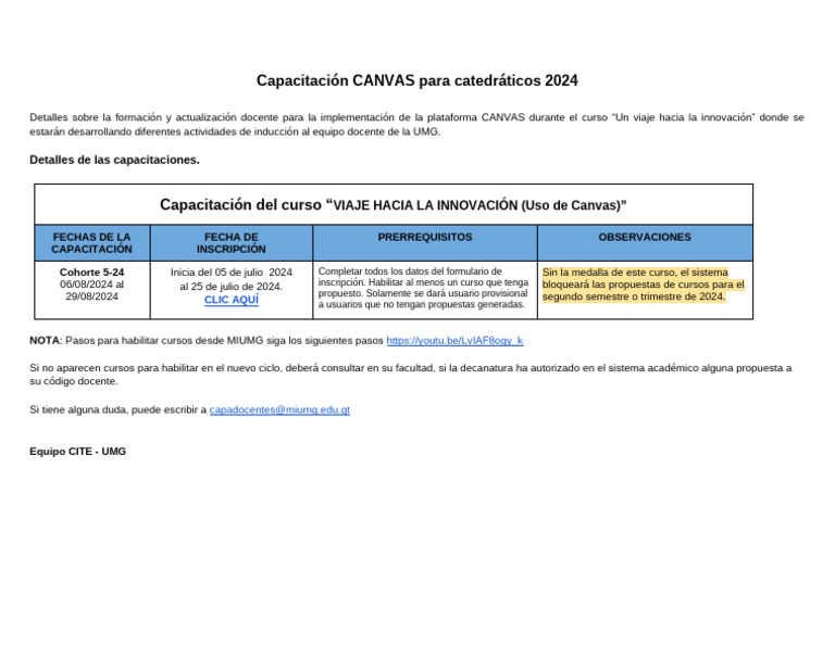 Información Capacitación CANVAS UMG | PDF