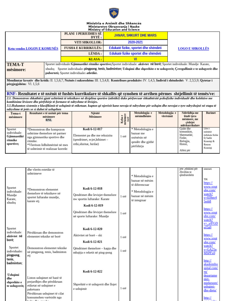 Plani Tremujor Janar-Shkurt-Mars, KL 6-9 | PDF