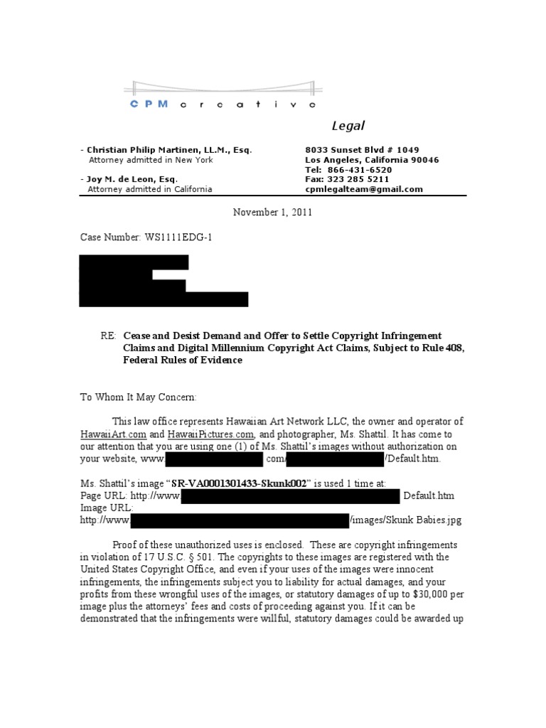 CPM Creative Settlement Demand Letter by Christian P. Martinen | PDF | Digital Millennium ...