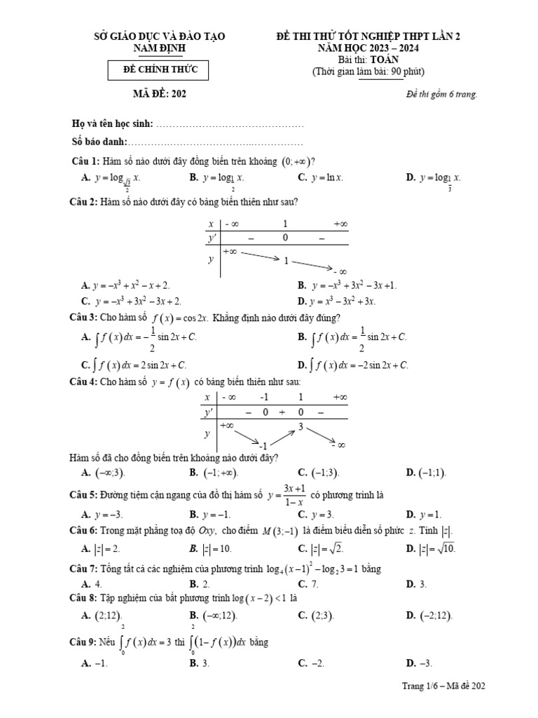 De Thi Thu Tot Nghiep THPT 2024 Mon Toan Lan 2 So GDDT Nam Dinh | PDF