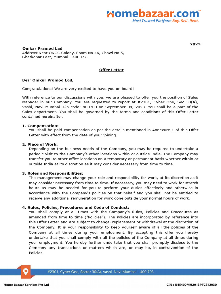 Offer Letter - Home Bazaar - Omkar Pramod Lad | PDF