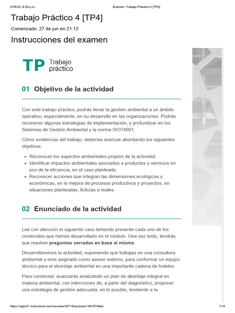 Trabajo Práctico 4 Gestion Ambiental Puntaje 85.83 (TP4) | PDF