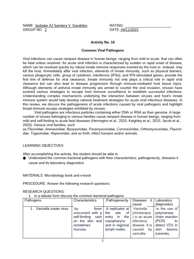 2023 Microlab Activity 10 Common Viral Pathogens | PDF