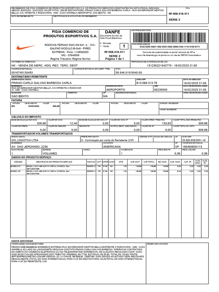 Danfe: Fisia Comercio de Produtos Esportivos S.A | PDF
