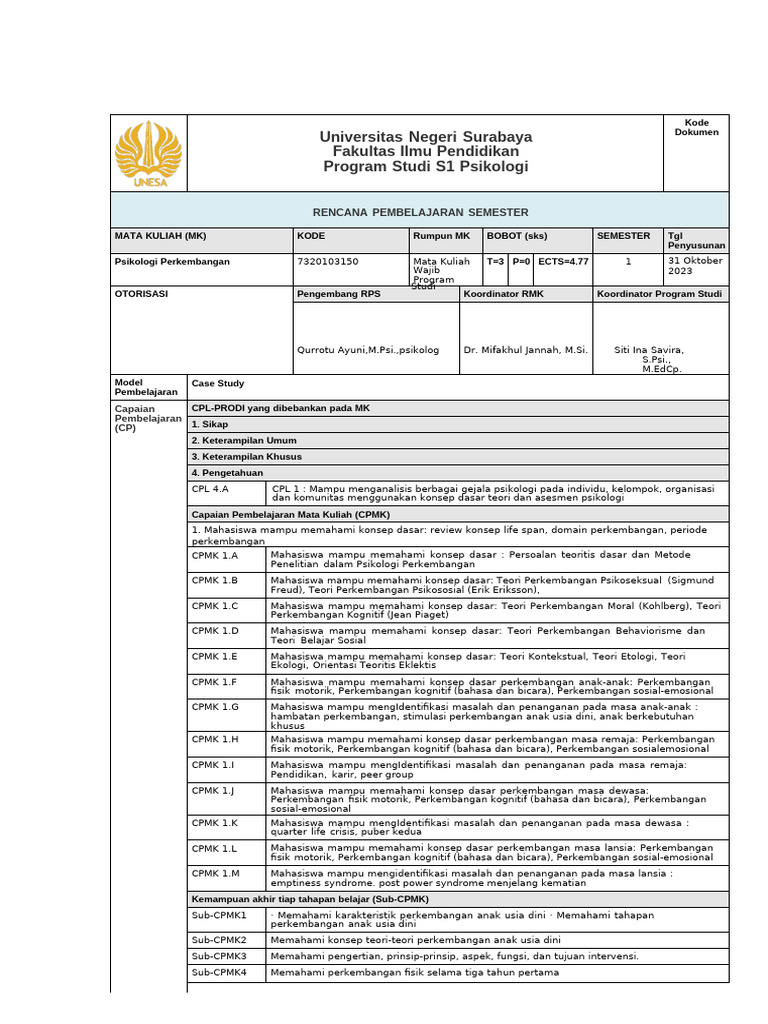 Rps Psikologi Perkembangan Peserta Didik MR | PDF