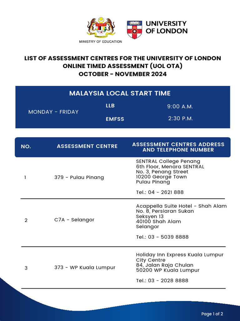 UoL OTA Assessment Centres | PDF | Malaysia