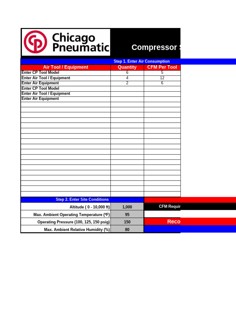 CP Compressor Sizing Calculator Consumos de Aire Comprimido | PDF