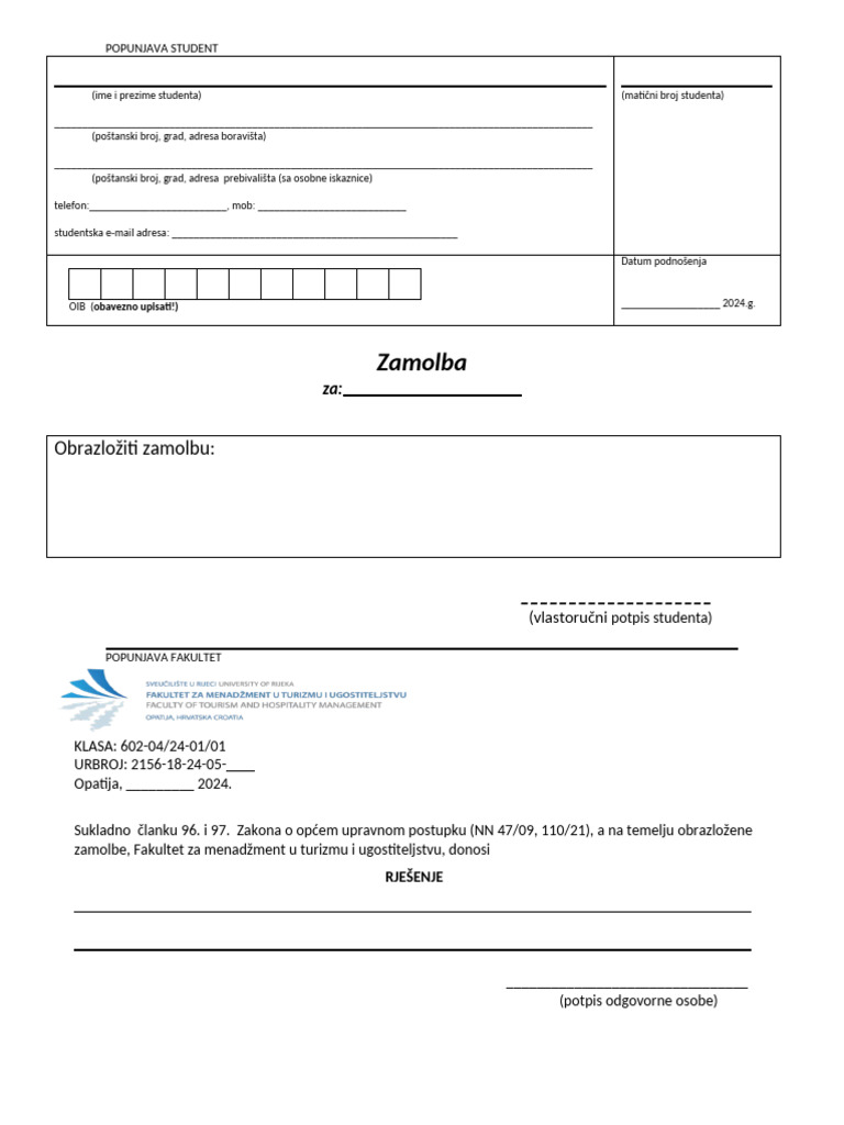 ZAMOLBA Obrazac 2024 | PDF