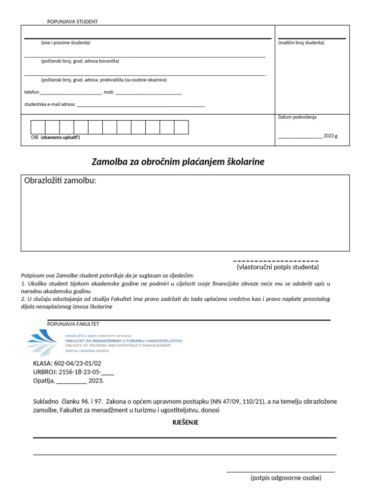 ZAMOLBA - Obročno Plaćanje Školarine 2023 | PDF