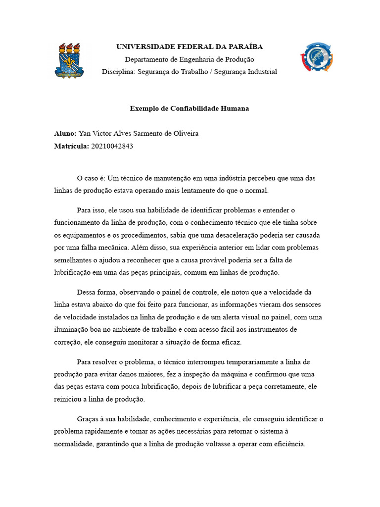 Exemplo de Confiabilidade Humana | PDF