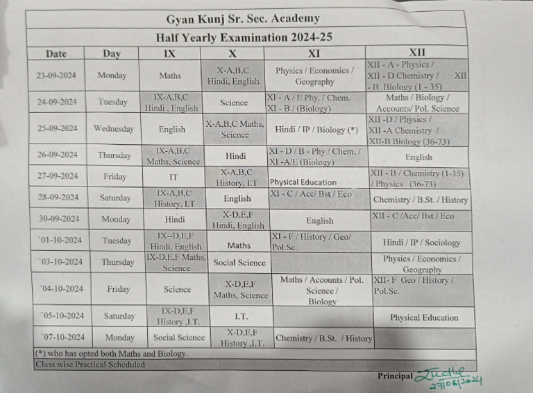 30 - Half Yearly Examination Time Table Ix - X - Xi - Xii15233 | PDF