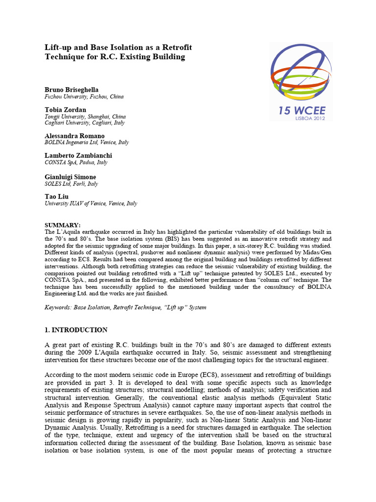 Lift-Up and Base Isolation As A Retrofit Technique For R.C. Existing ...