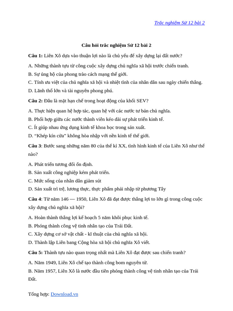 Trac Nghiem Lich Su 12 Bai 2 | PDF