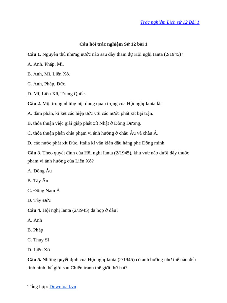 Trac Nghiem Lich Su 12 Bai 1 | PDF