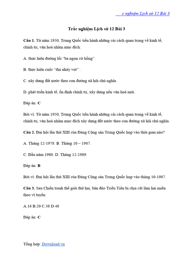 Trac Nghiem Lich Su 12 Bai 3 | PDF