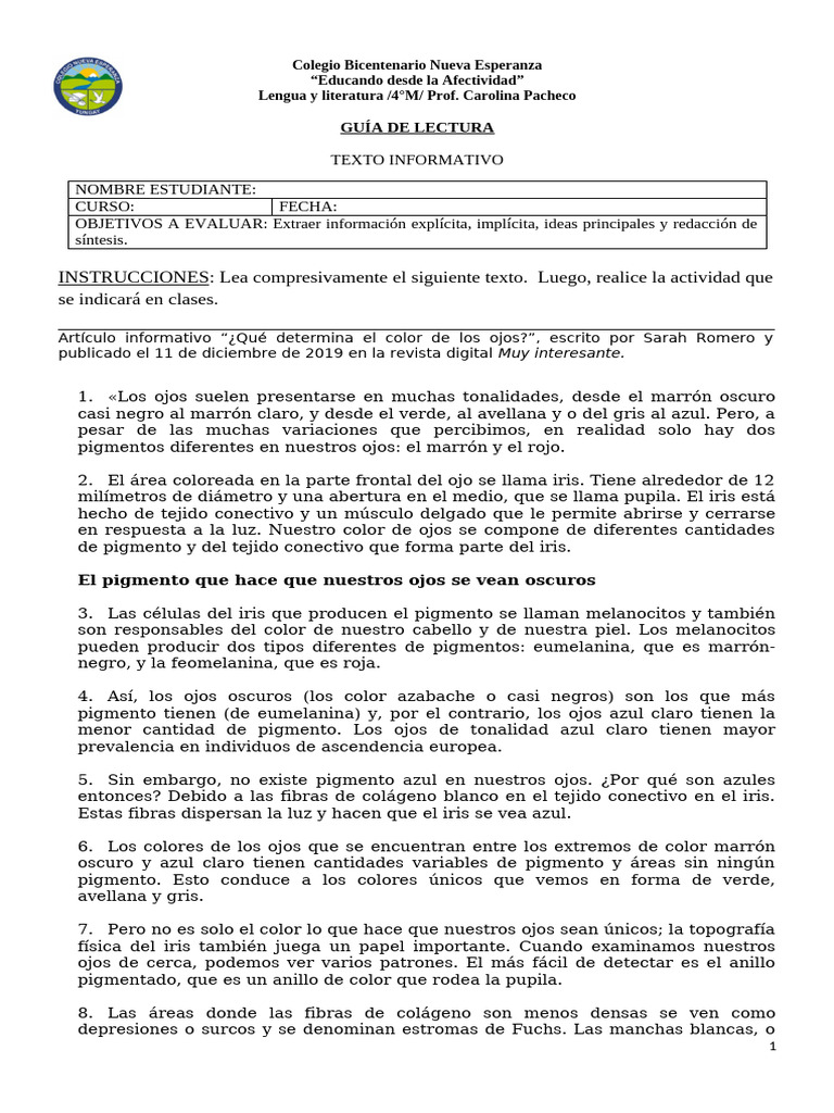 Guía Lectura - Texto Informativo | PDF | Color de los ojos | Estudios ...