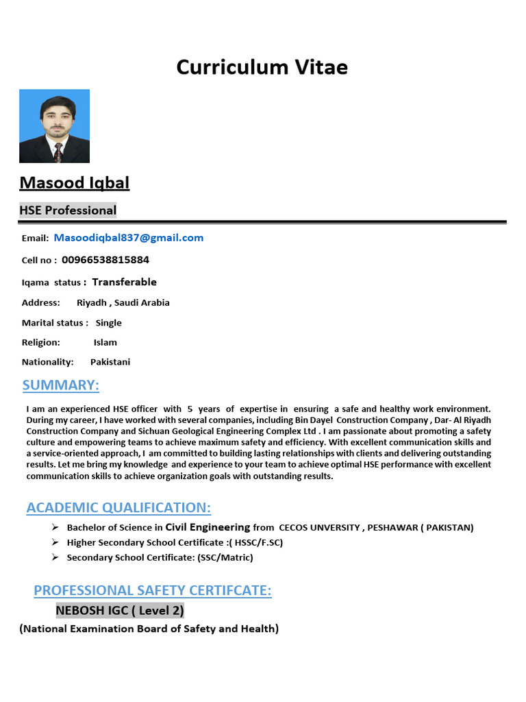Safety CV Masood Iqbal | PDF