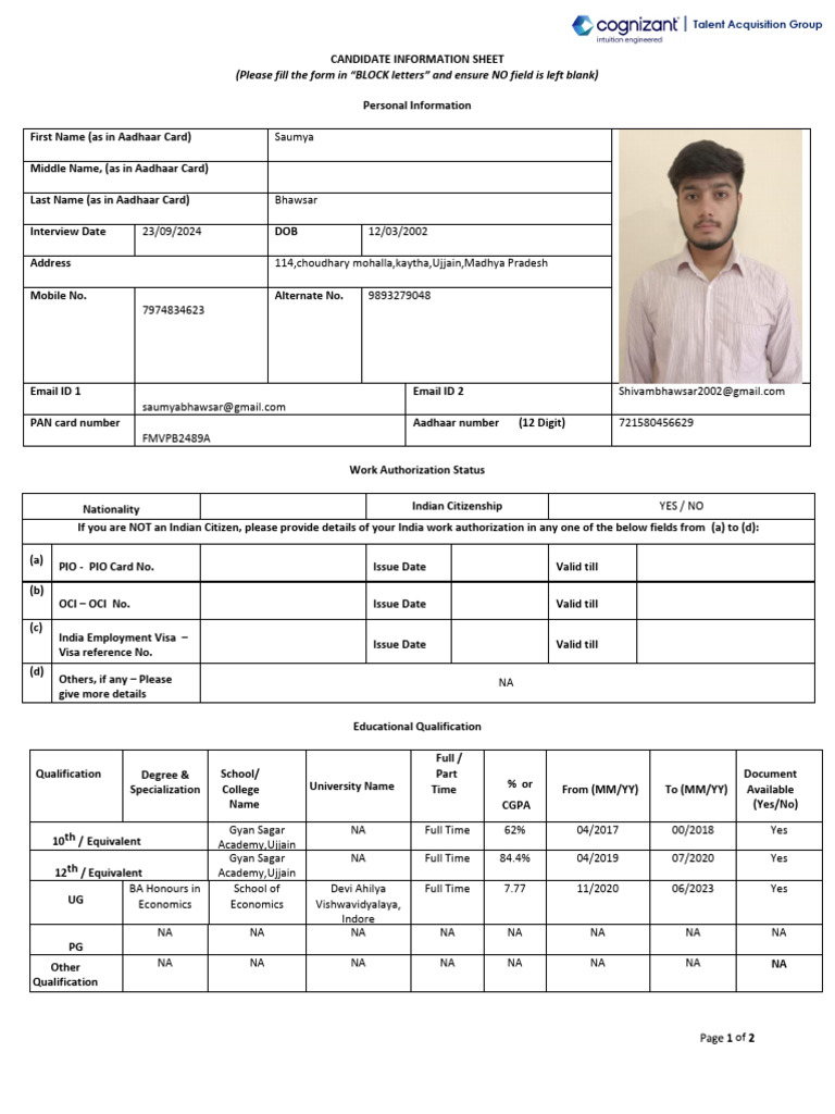 Candidate Information Sheet - Cognizant 2024 (1) S | PDF