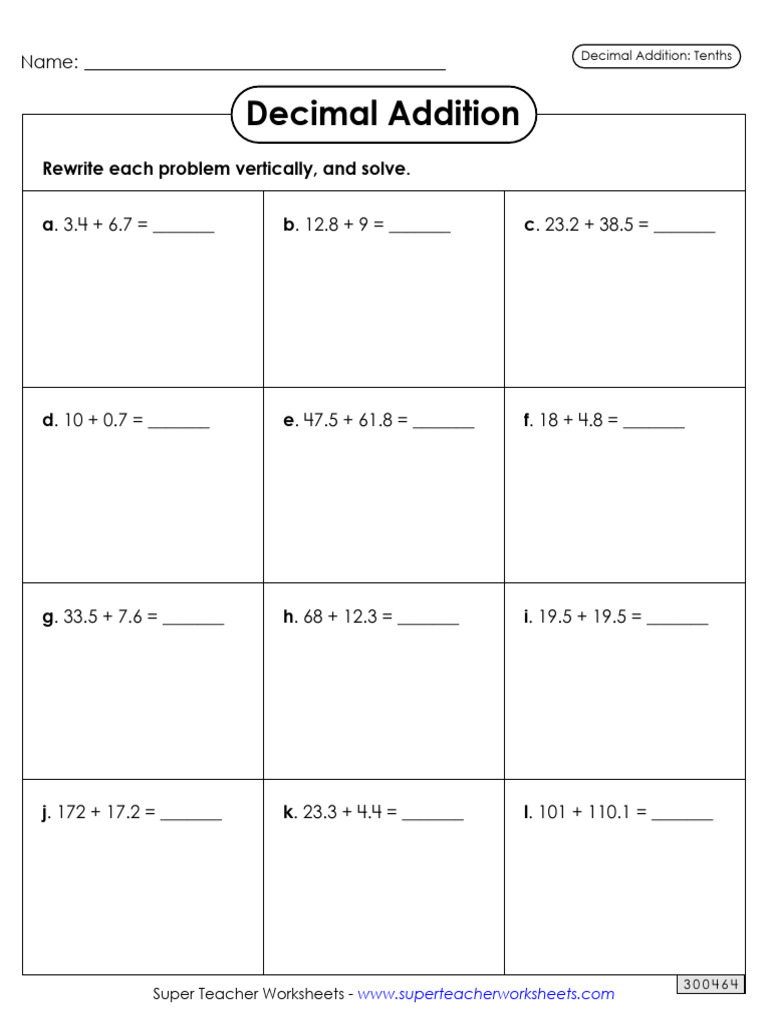 Decimal Addition Tenths - BOXES | PDF