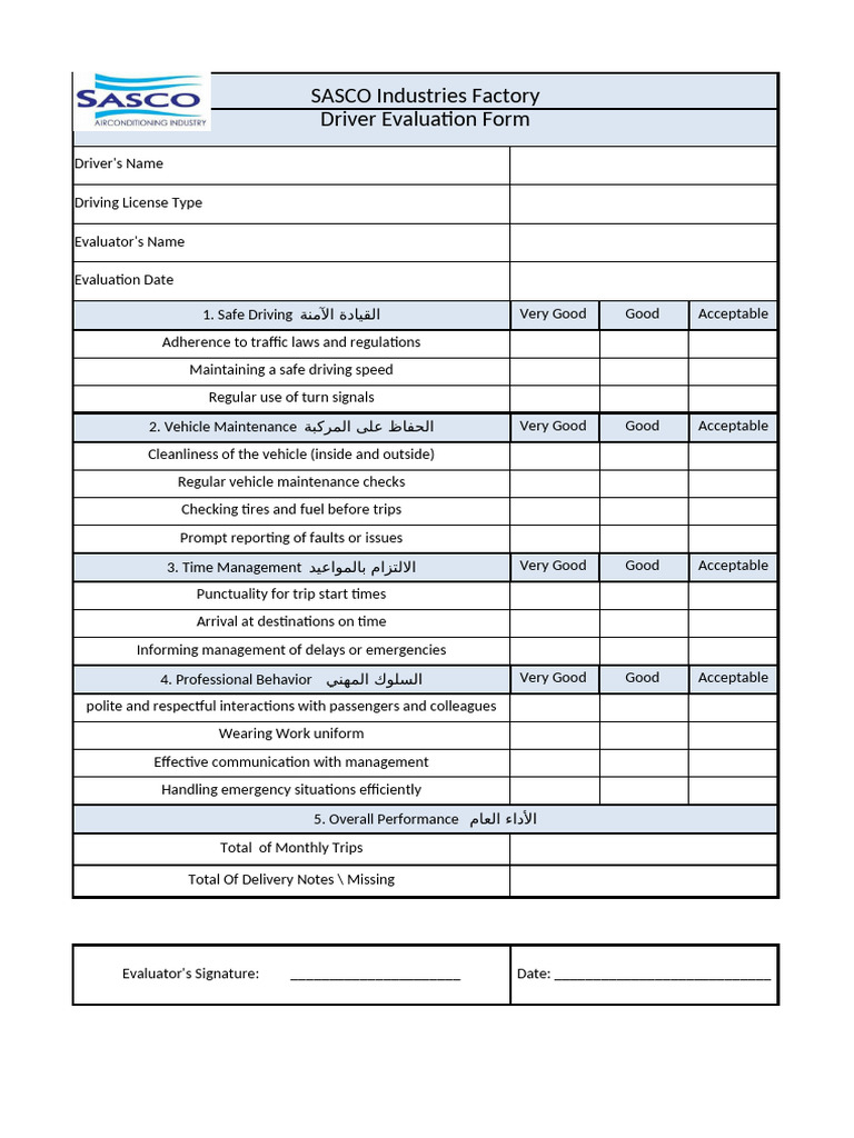 Driver Evaluation Form | PDF