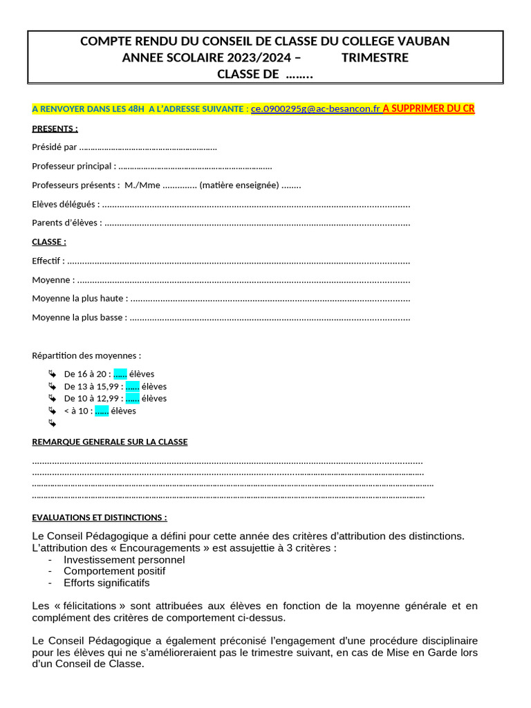 Compte Rendu Du Conseil de Classe Du College Vauban 3 | PDF