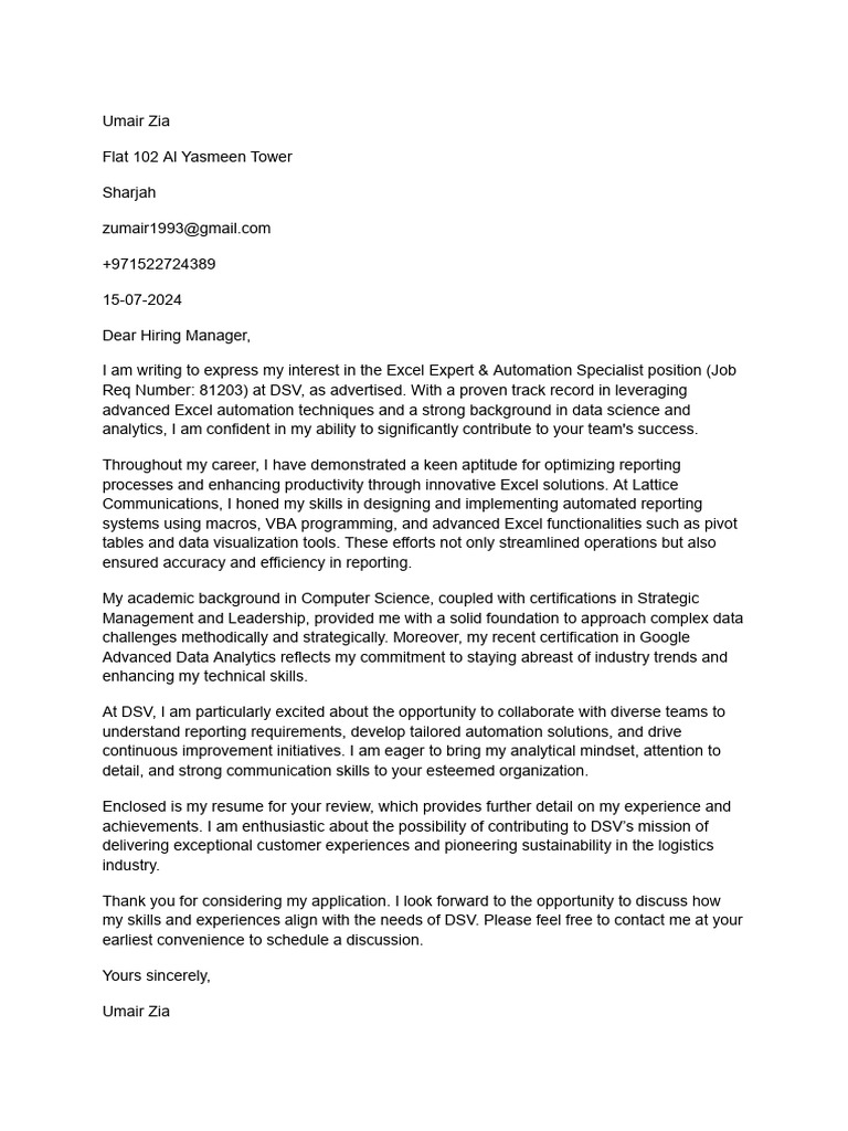 Umair Zia Cover Letter DSV | PDF