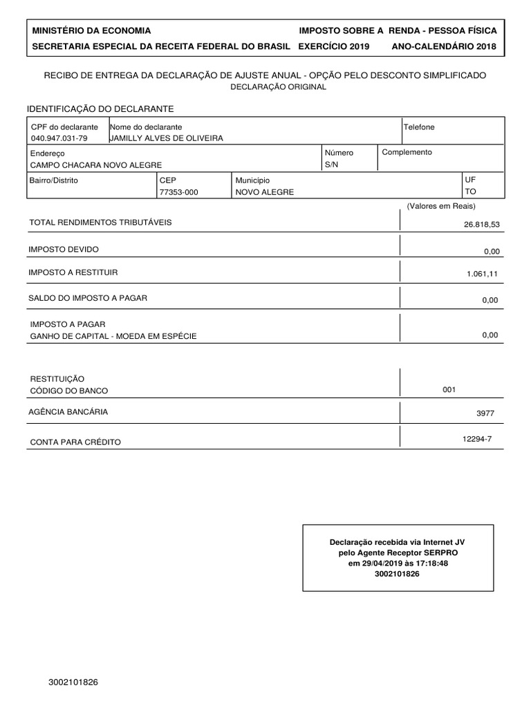 IRPF 2019 2018 Origi Imagem Recibo | PDF