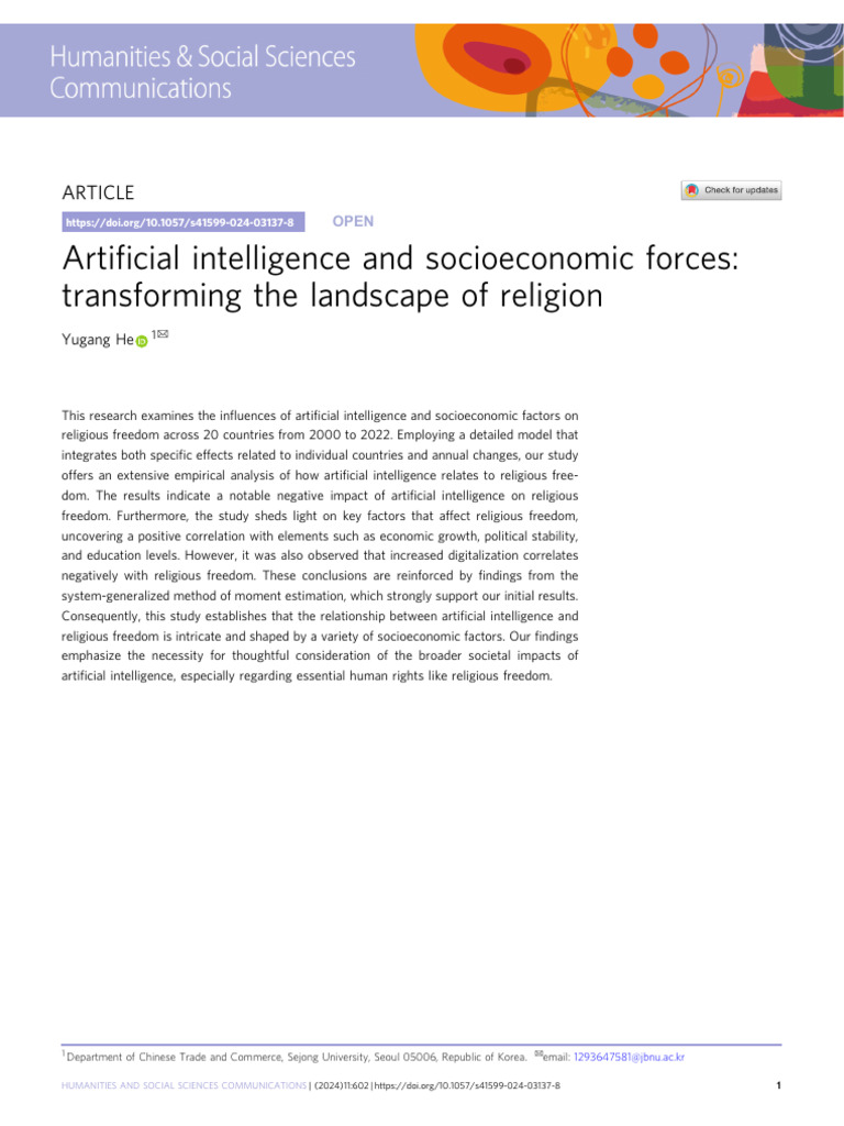 Arti Cial Intelligence and Socioeconomic Forces: Transforming The Landscape of Religion | PDF